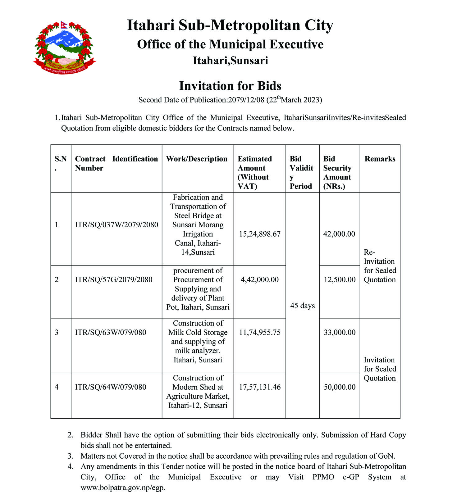 Invitation for Bids (2079/12/08) | Itahari Sub-Metropolitan City Office